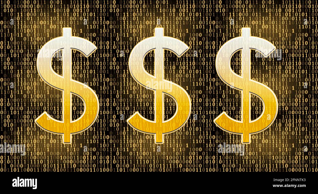 Concept image of three gold dollar signs against a binary digital ...