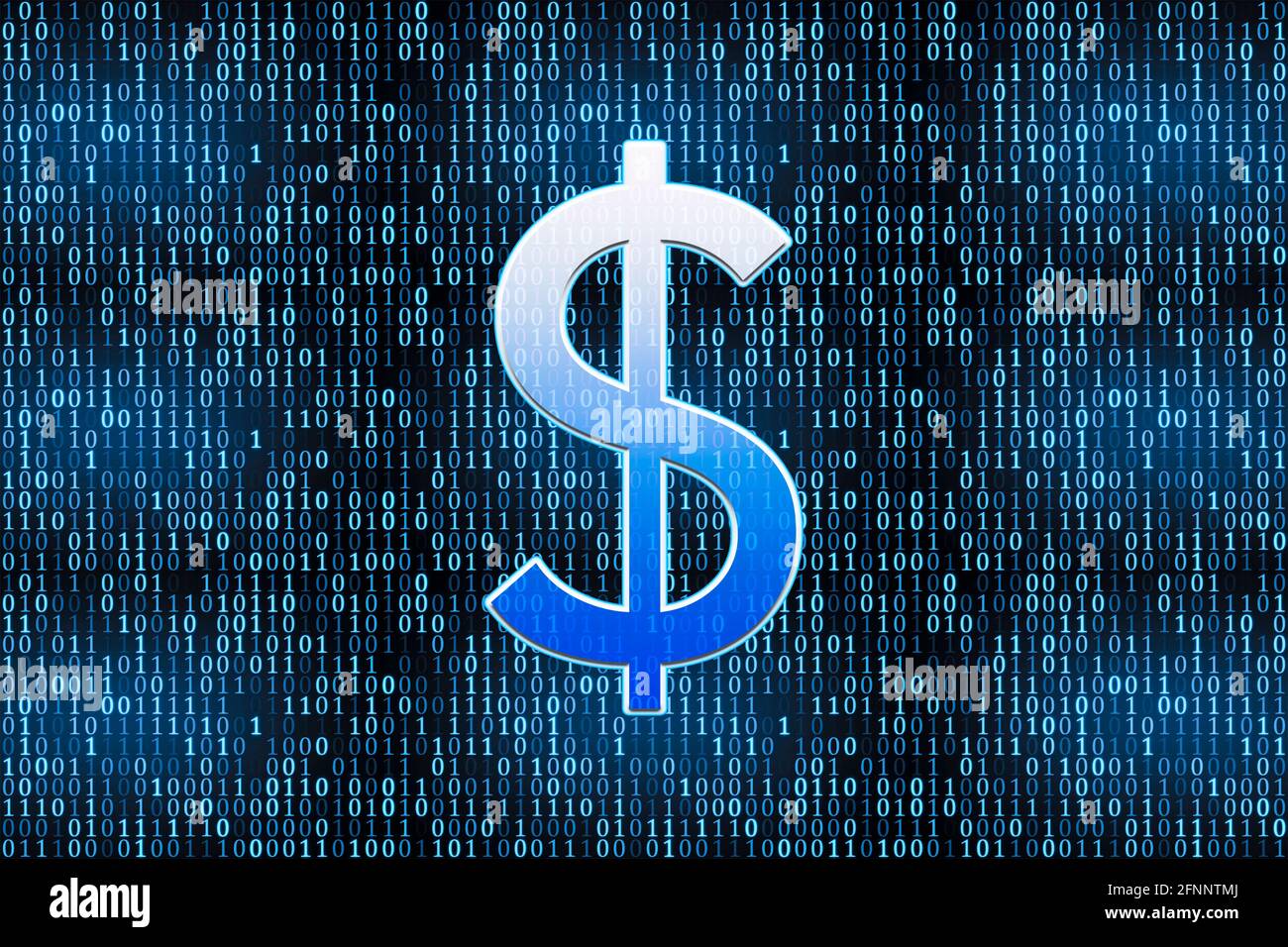 Concept image of a blue dollar sign against a binary digital background ...
