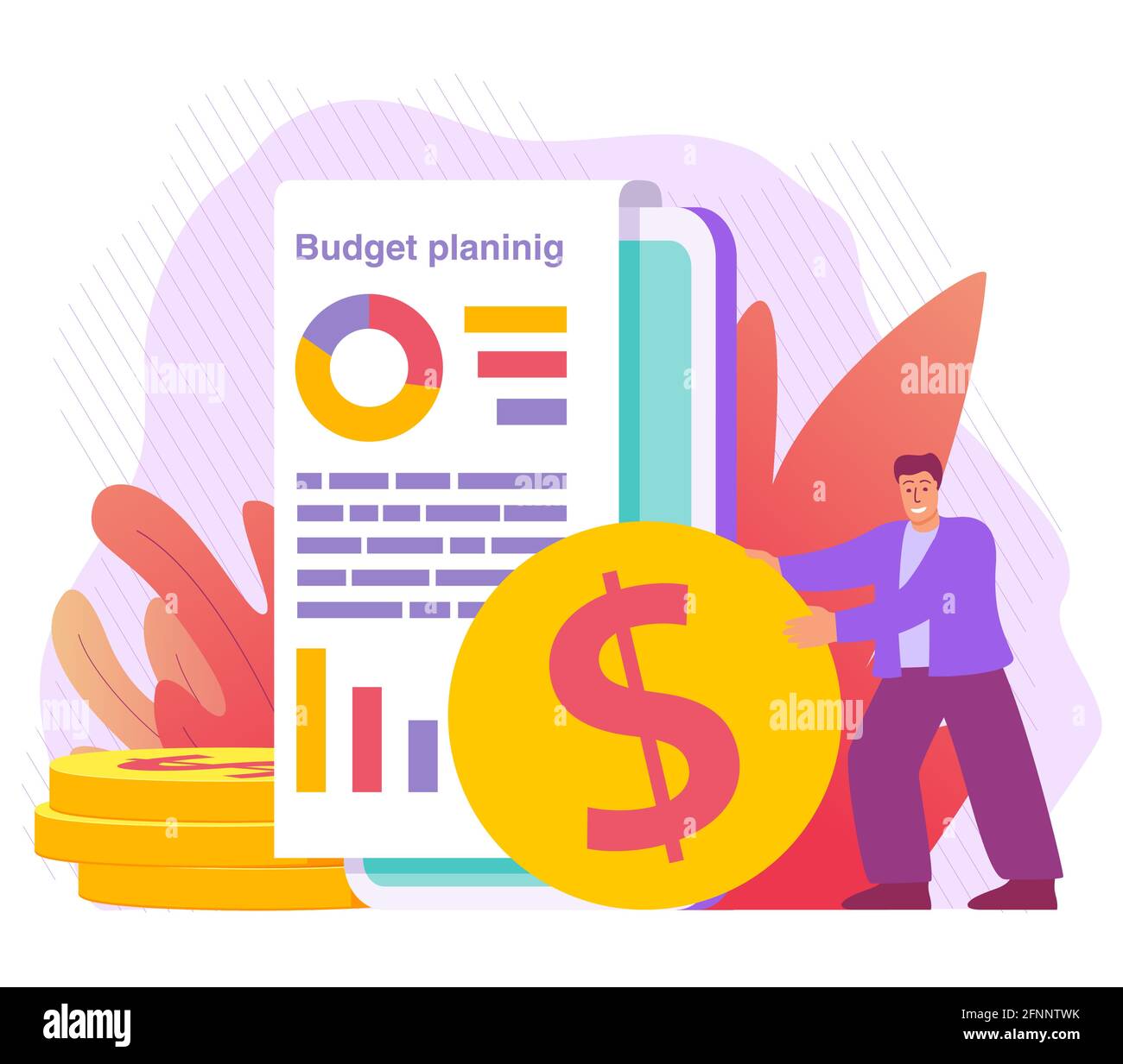 Financial planner.Stack of coins.Guy rolling coin. Save money. Vector ...