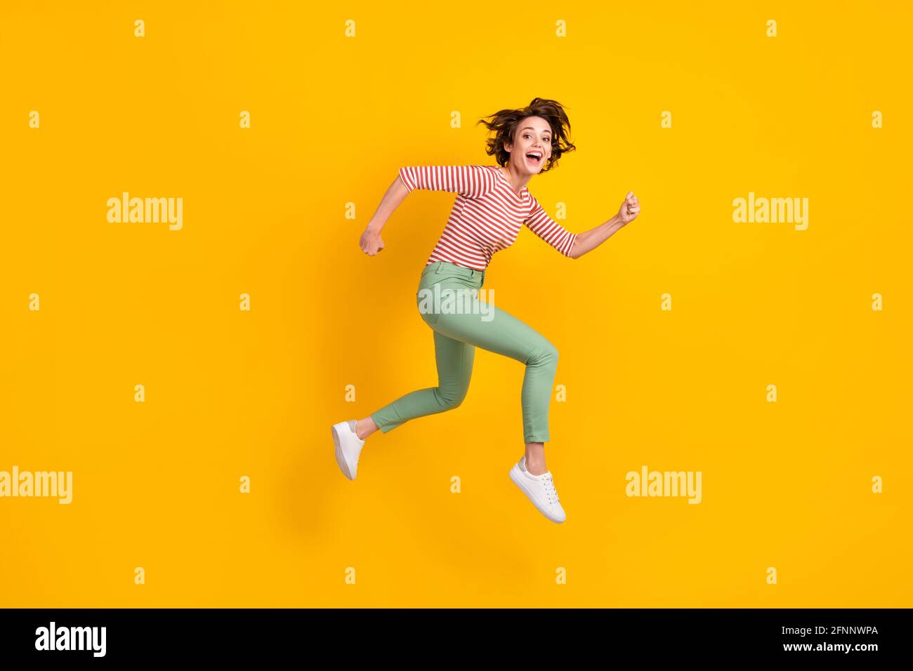 Full length portrait of nice satisfied young person hurry run jump ...