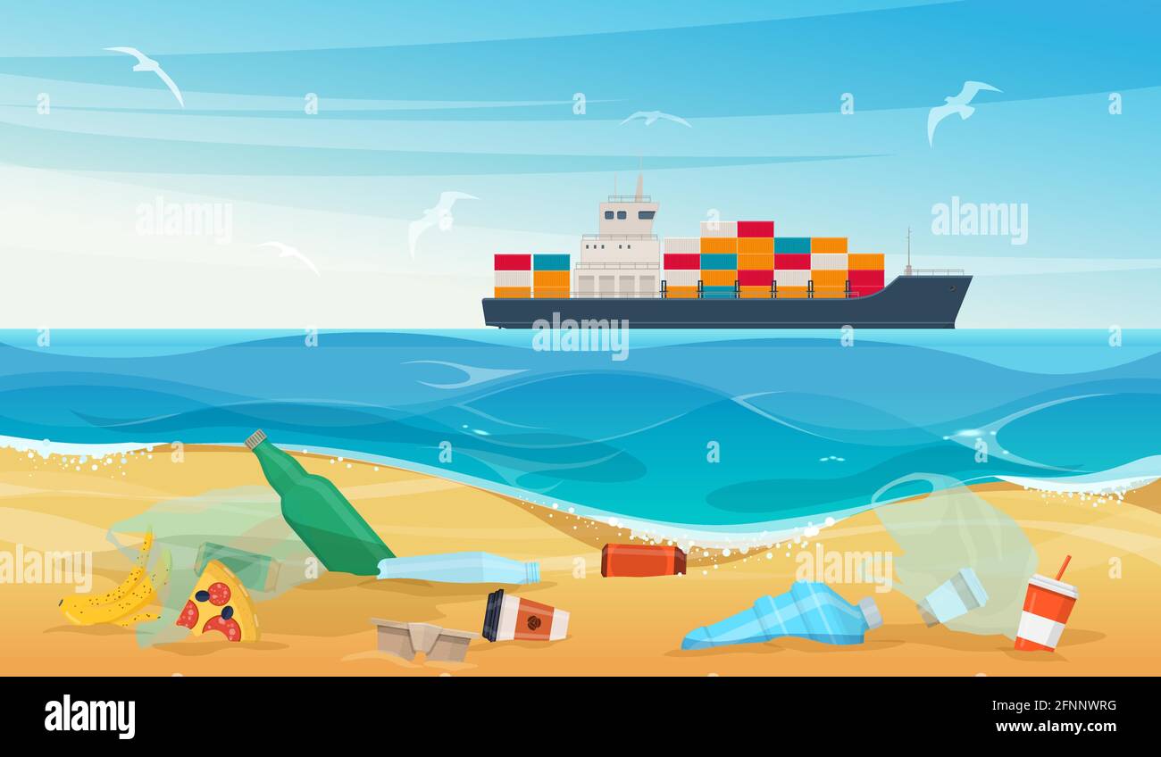 Ocean beach with trash and plastic waste. Plastic bottles, bags ...