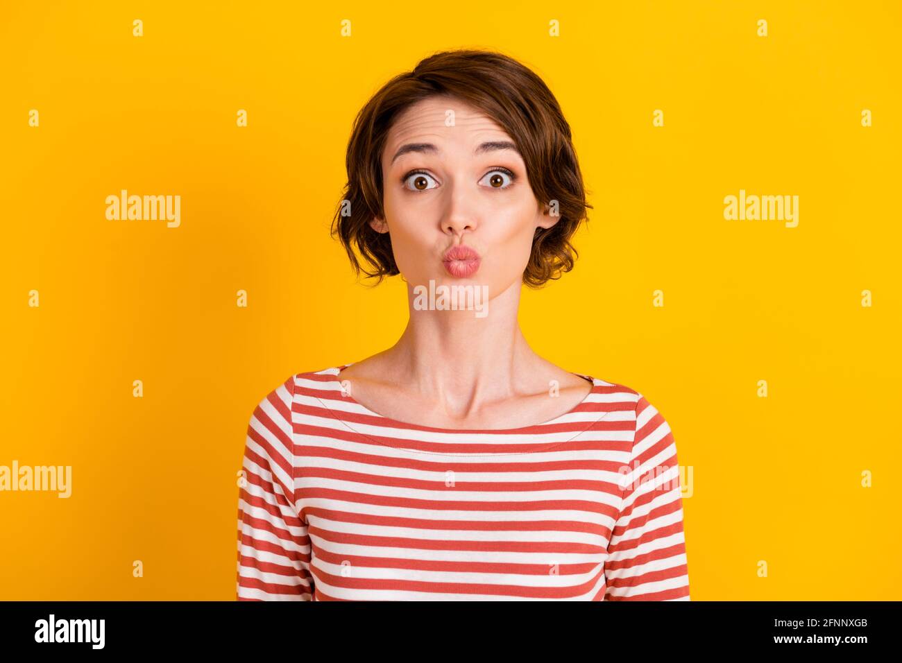 Close up photo of very nice person kiss lips look camera isolated on ...