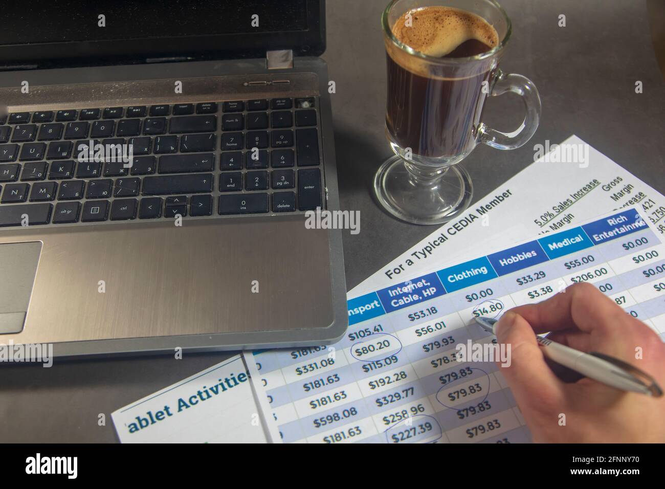 Office desk table with computer, supplies, analysis chart, pen. money ...