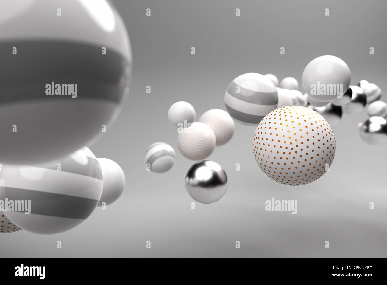 Abstract background with floating spheres in silver, white and grey ...