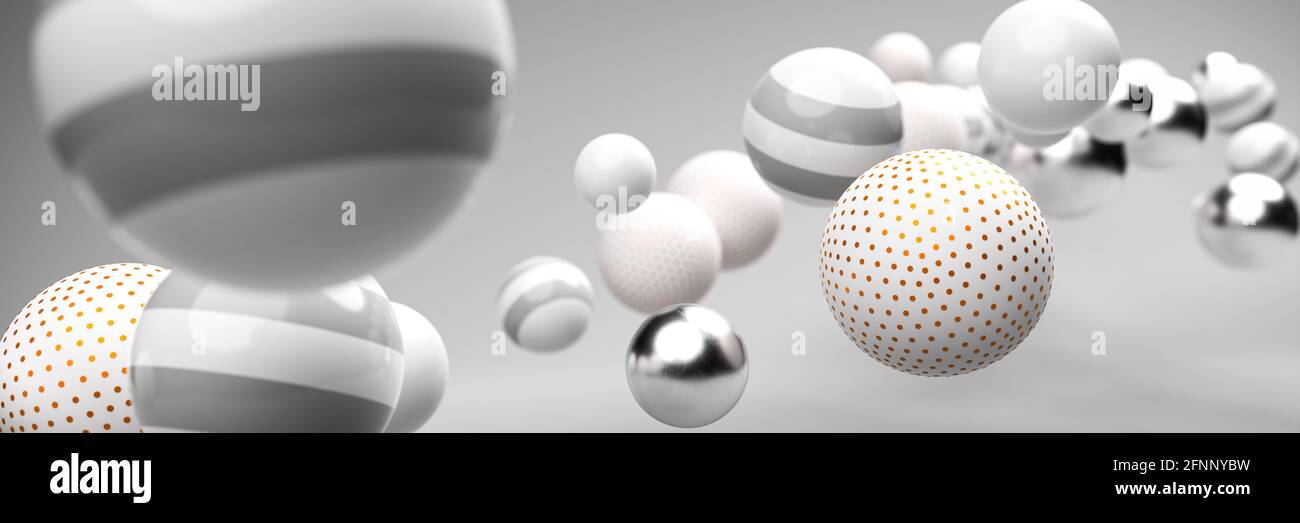 Abstract background with floating spheres in silver, white and grey ...