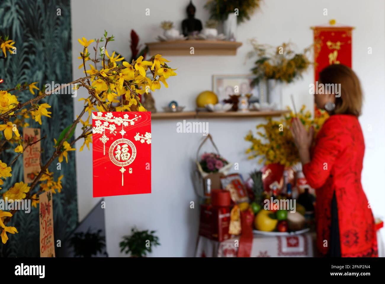 Asian woman praying at home for Chinese and Vietnamese New Year. France ...