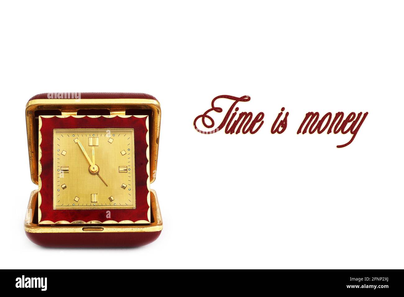 Travel clock and the inscription "Time is money Stock Photo - Alamy