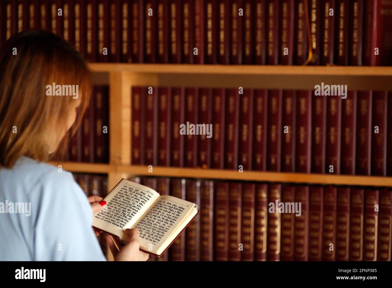 Thien Minh buddhist temple. Woman reading sacred buddhist texts. France ...