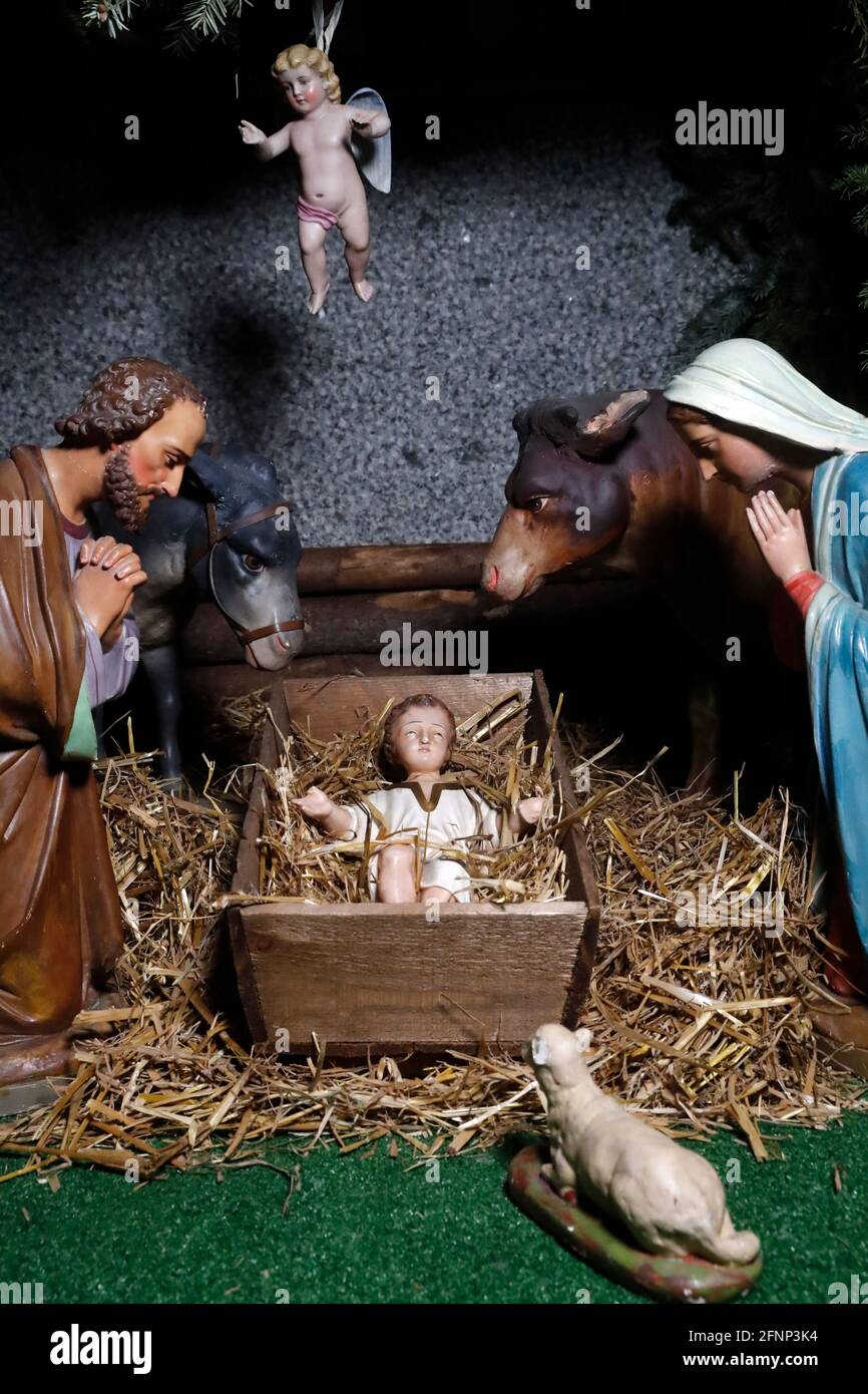 Nativity scene. Christmas crib. Holy family with baby Jesus. Catholic ...