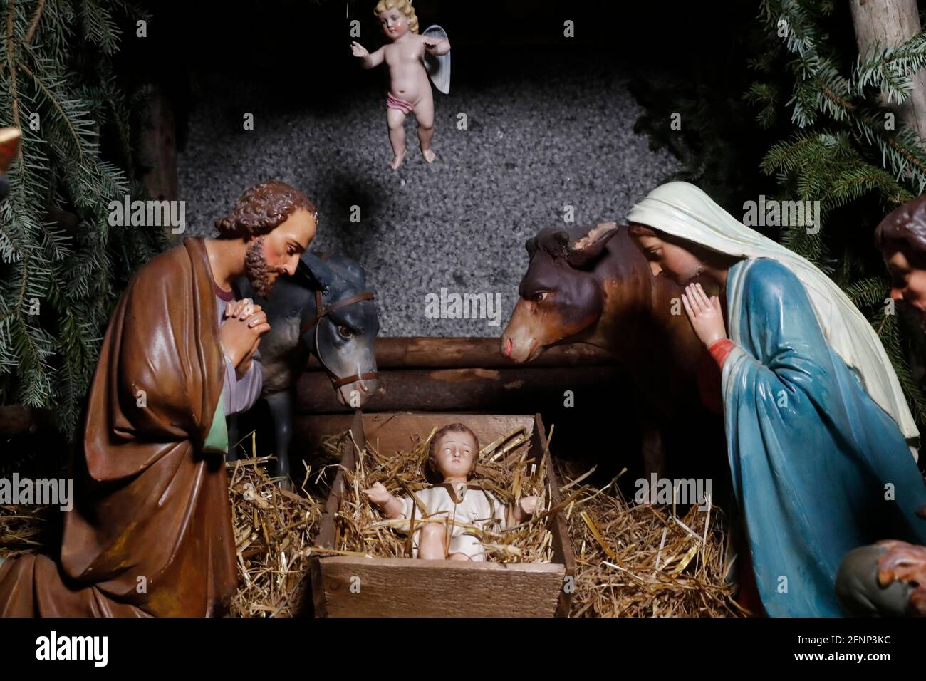 Nativity scene. Christmas crib. Holy family with baby Jesus. Catholic ...