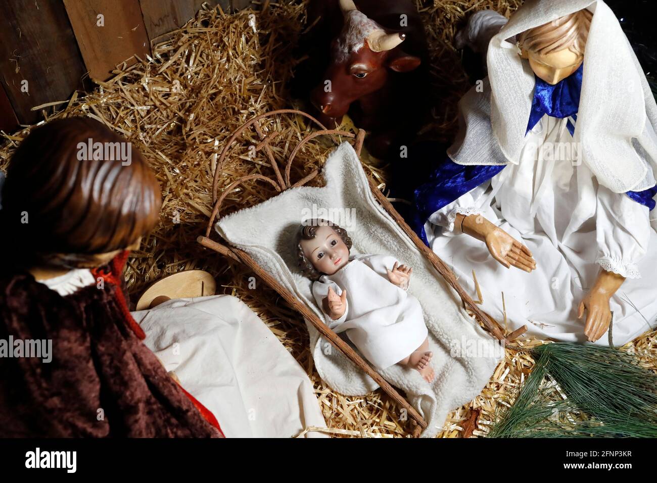 Nativity scene. Christmas crib. Holy family with baby Jesus. Catholic ...