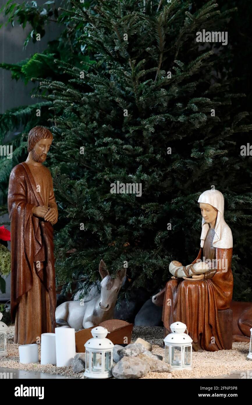 Nativity scene. Christmas crib. Holy family with baby Jesus. Catholic ...