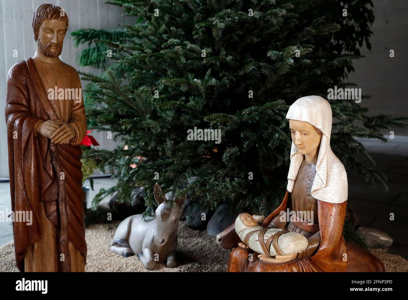 Nativity scene. Christmas crib. Holy family with baby Jesus. Catholic ...