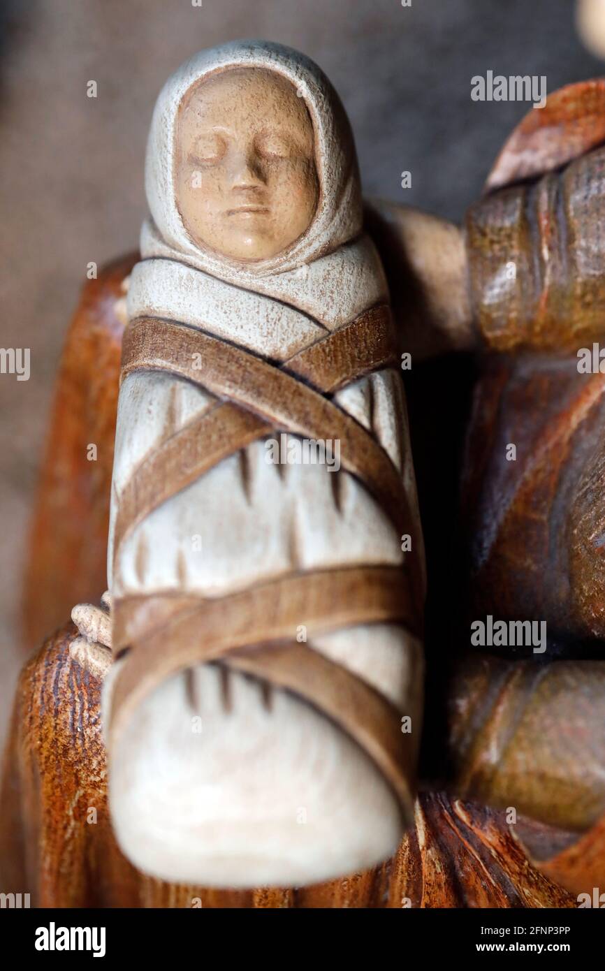 Nativity scene. Christmas crib. Virgin Mary and baby Jesus. Catholic ...