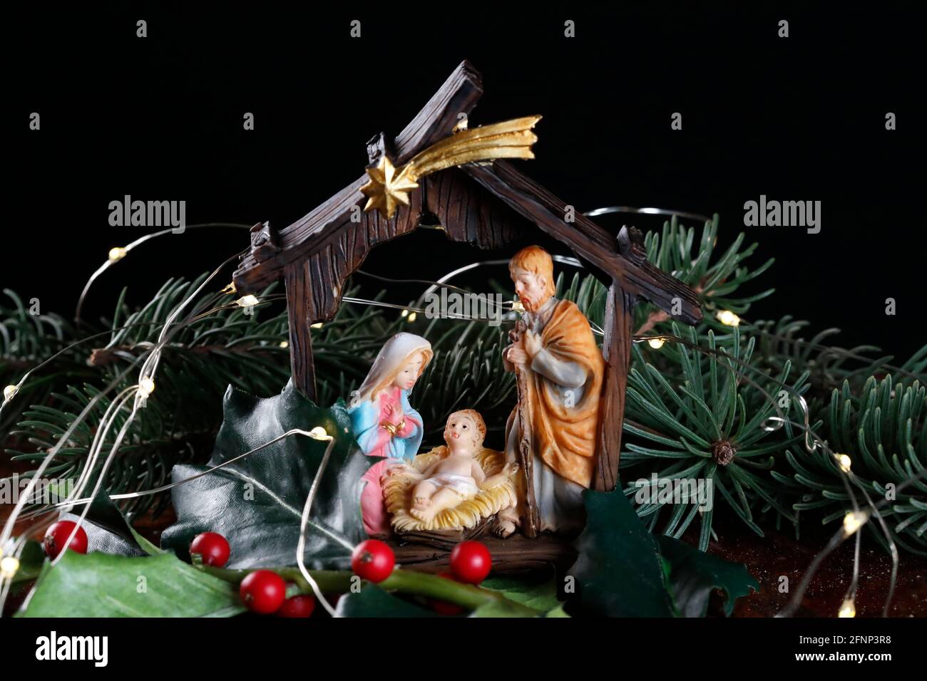 Nativity scene. Christmas crib. Holy family with baby Jesus. Catholic ...