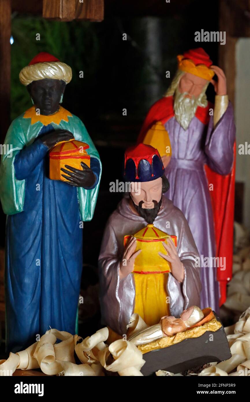 Nativity scene. Christmas crib. The adoration of thee three Magi (named ...