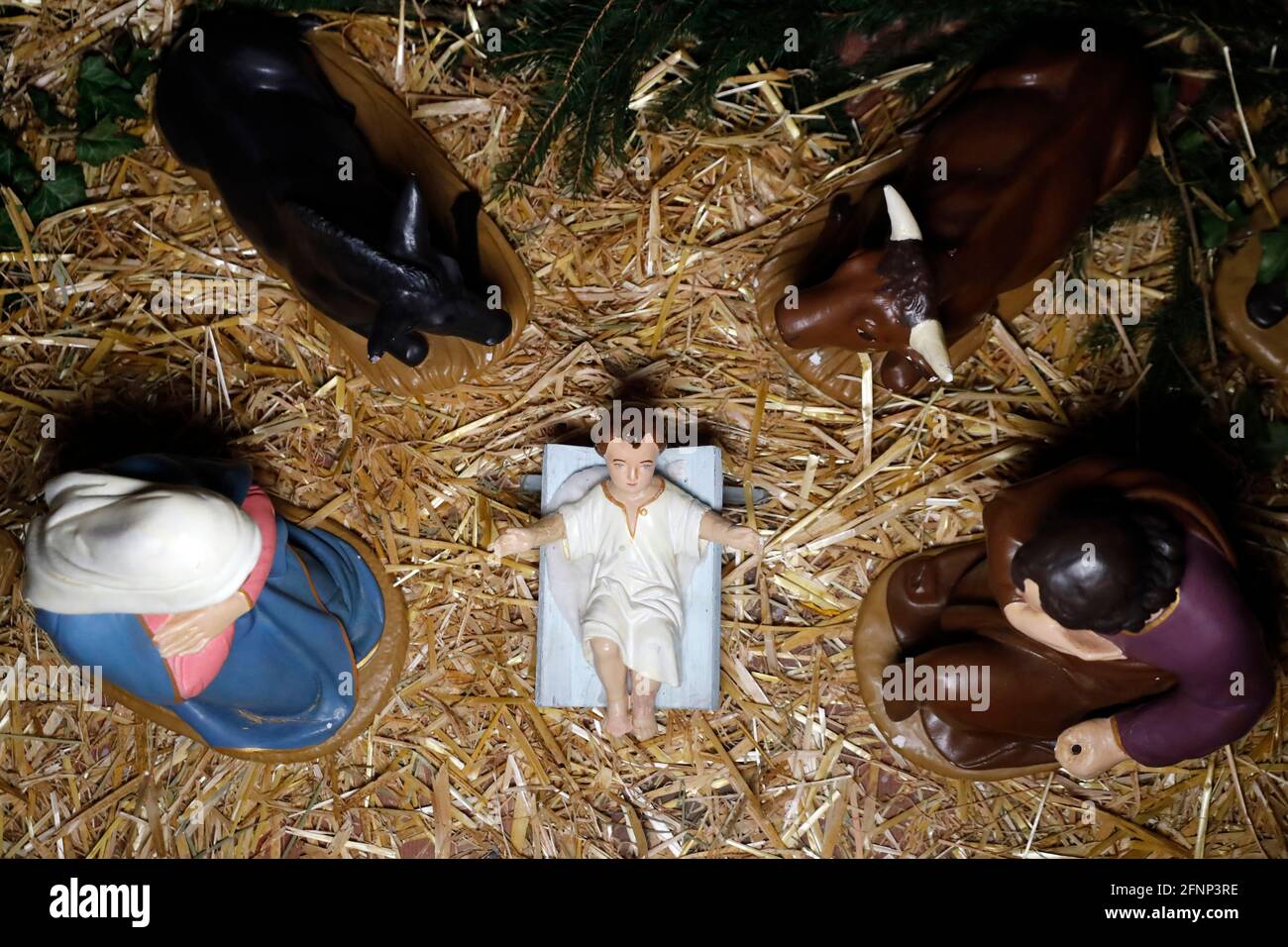 Nativity scene. Christmas crib. Holy family with baby Jesus. Catholic ...