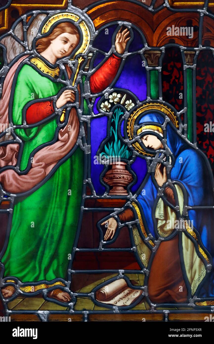 Notre Dame ( our Lady ) d'Aix les Bains church. Stained glass window. The Annunciation to the ...