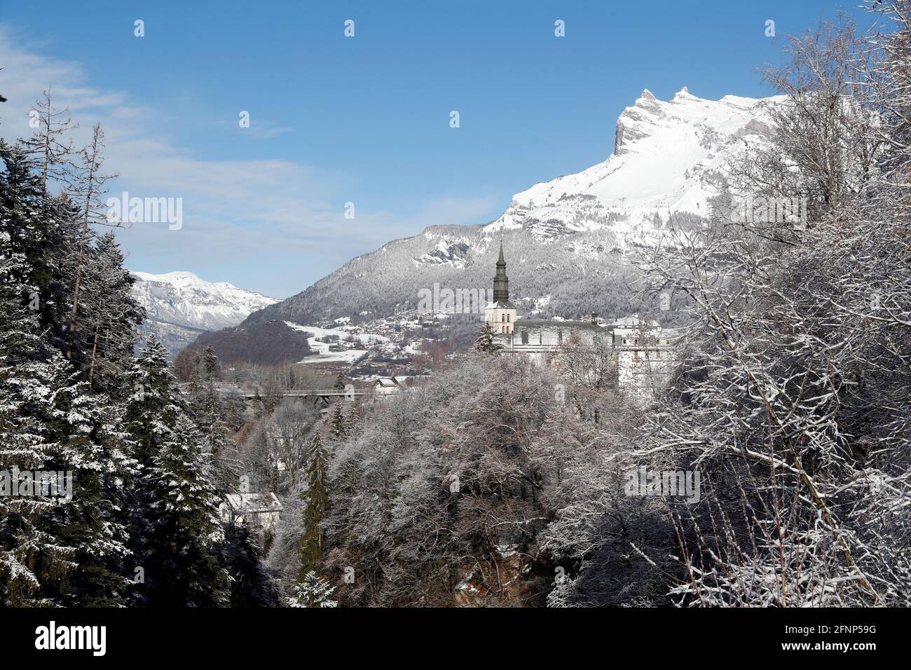 French Alps in winter. Saint Gervais Mont-Blanc village. Famous ski ...