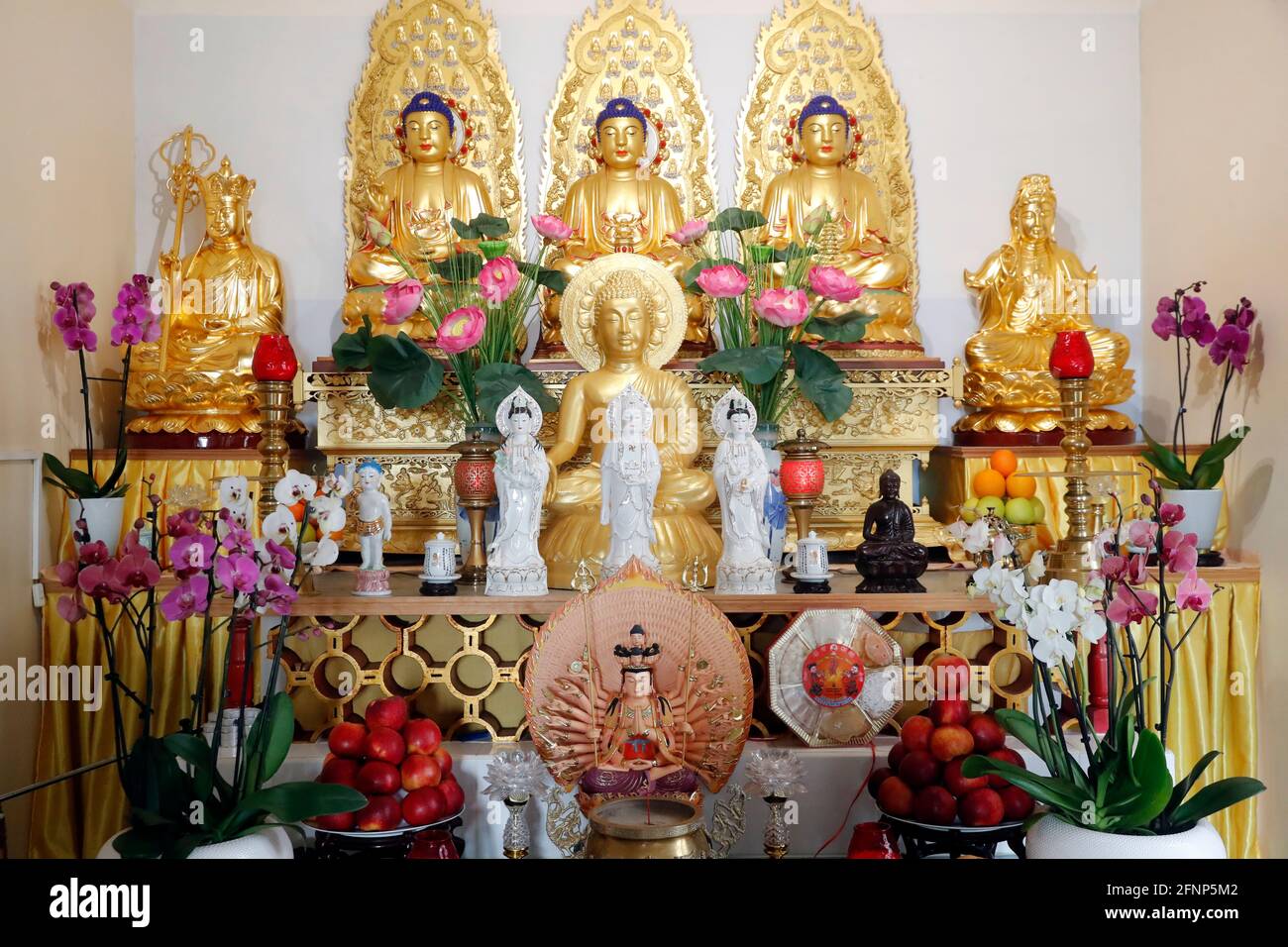 Tu Quang buddhist temple. Buddha statues on main altar. Nice. France ...
