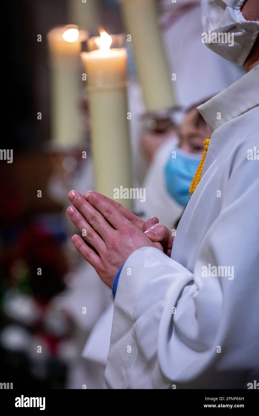 Mass in Saint-Philippe-du-Roule catholic church, Paris, France. Altar ...