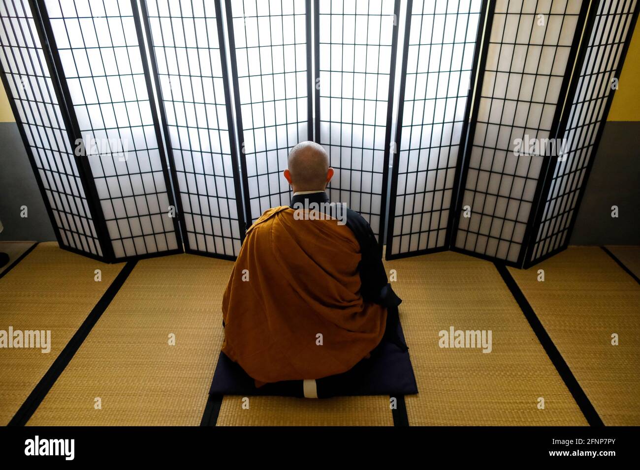 Zen buddhist master meditating in his dojo in Marrubiu, Sardinia, Italy ...