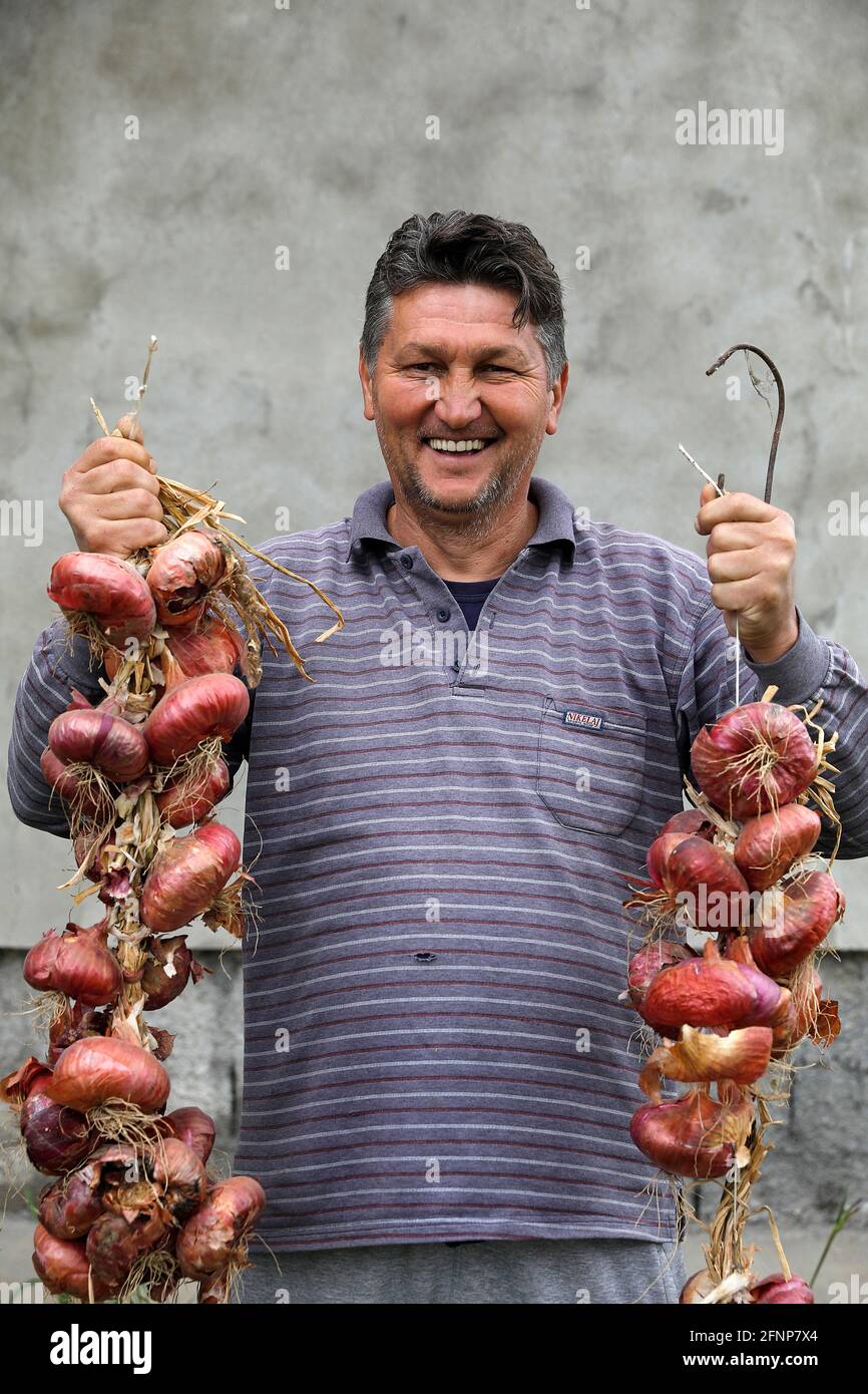 Vegetable farmer holding onions in Zeta, Montenegro Stock Photo - Alamy