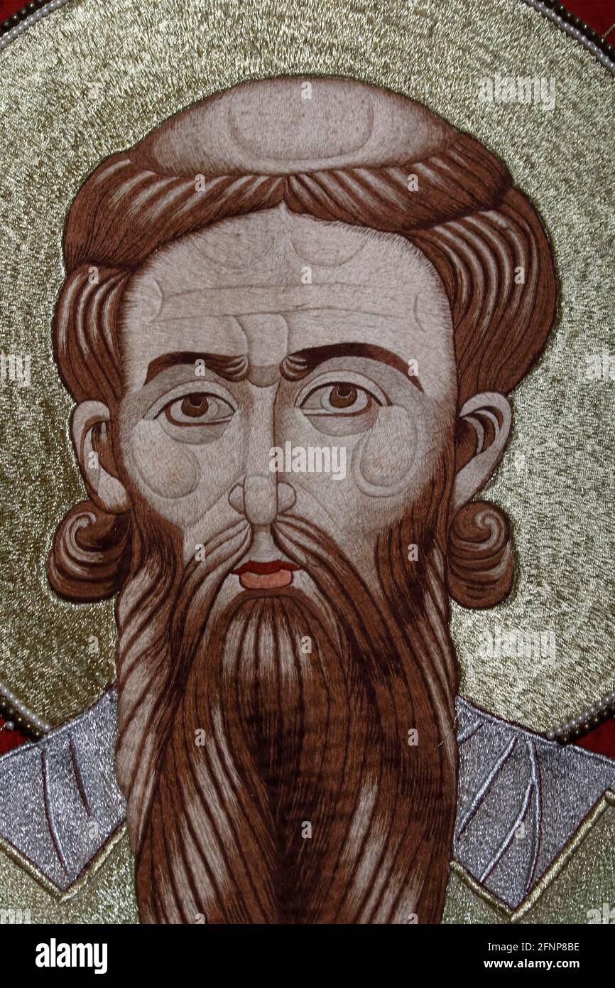 Resurrection orthodox cathedral, Podgorica, Montenegro. Tapestry detail ...