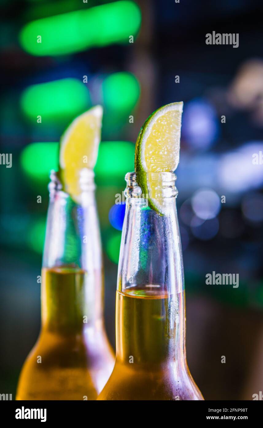 Cold light beer in bottles on the bar. Lime wedges cover the necks of ...