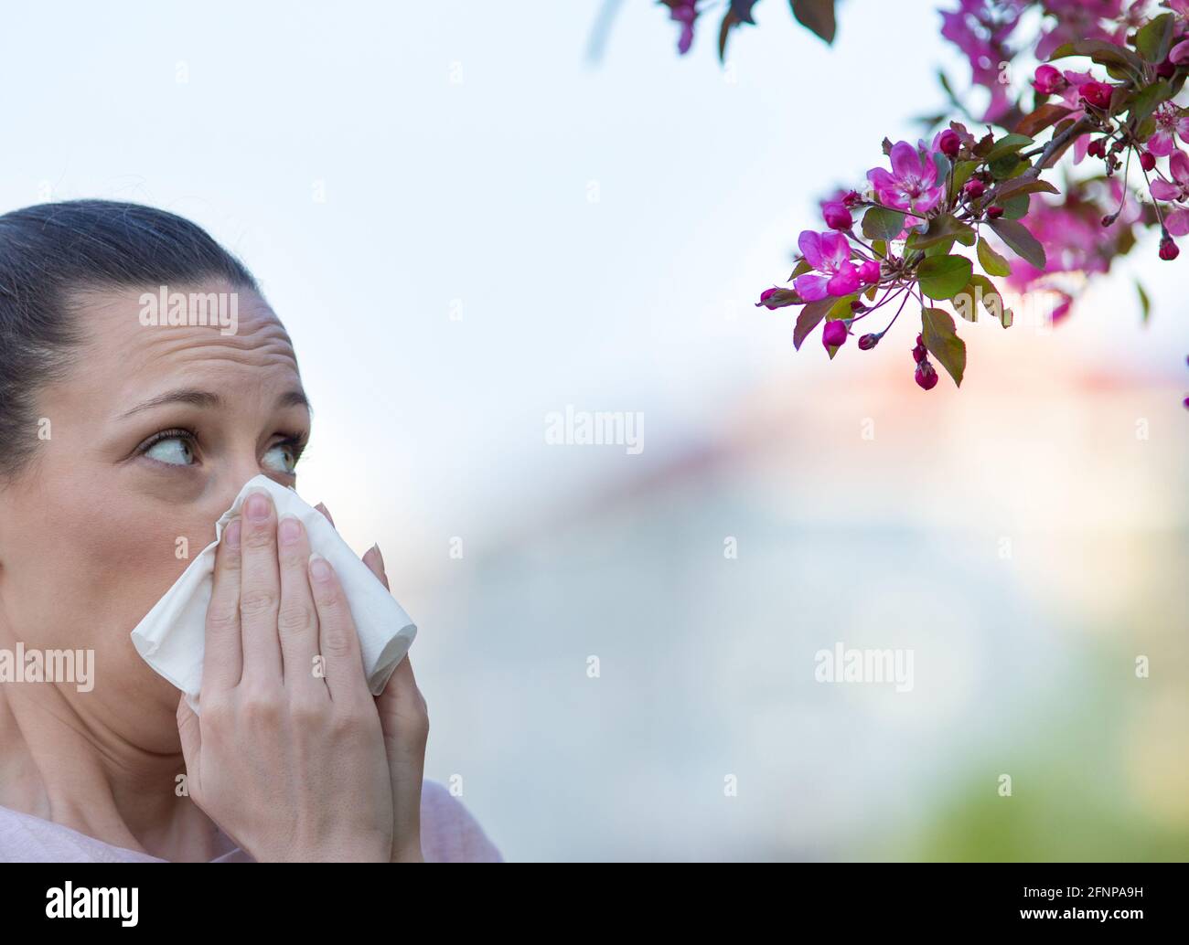 Young pretty woman blowing nose in front of blooming tree. Spring allergy concept Stock Photo ...