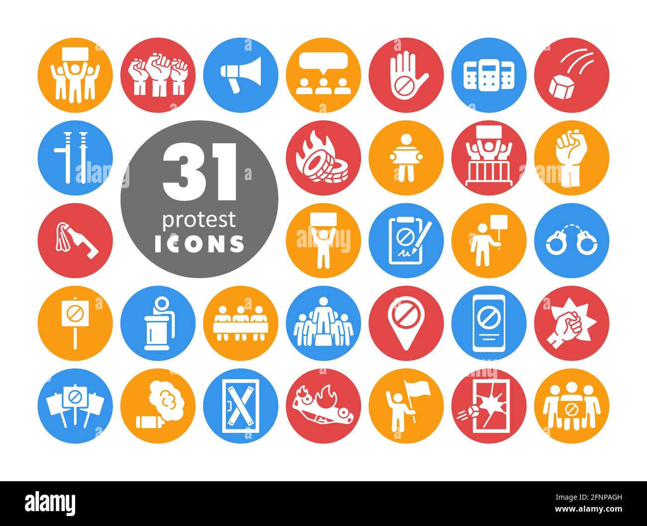 Protest, demonstration, strike, revolution set vector white glyph icons ...