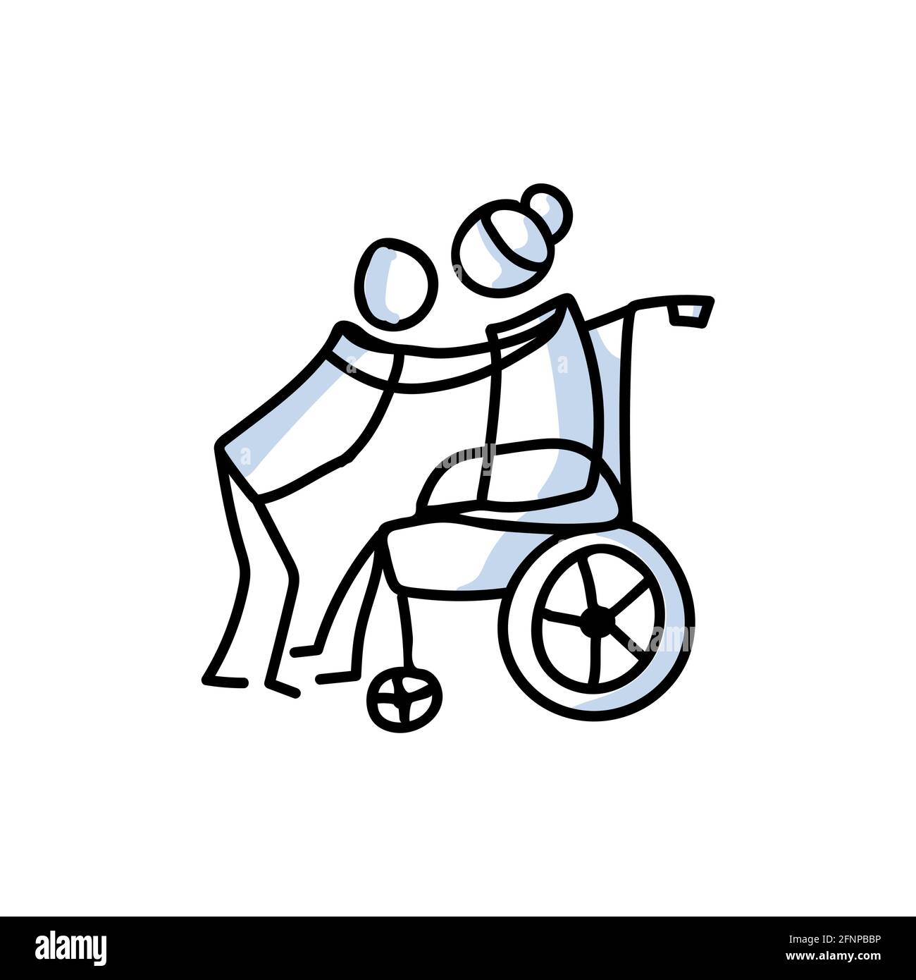 Drawn stick figure of senior woman hugging grandchild. Elderly embrace ...