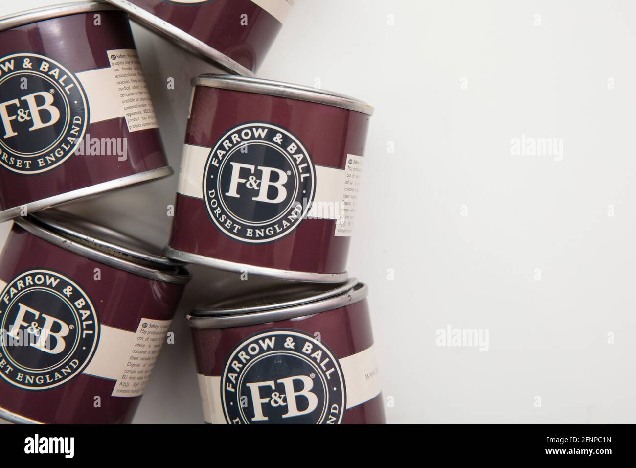 LONDON, UK - May 2021: Farrow and ball luxury paint brand sample pots ...