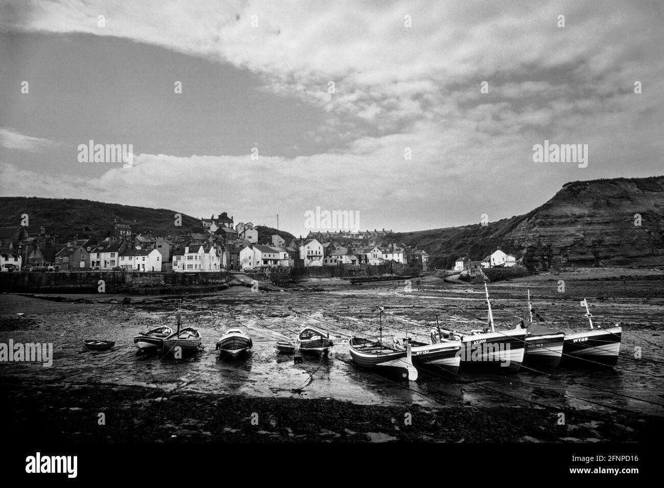 Staithes harbour with traditional cobble fishing boats Yorkshire 1979 ...