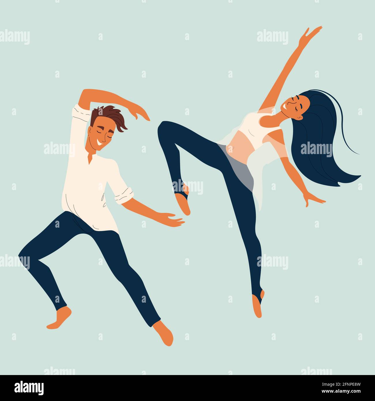 Two young dancers guy and girl, vector dancing characters in flat style ...