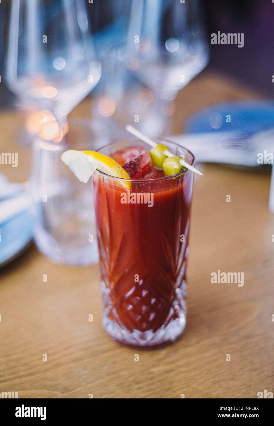 Bloody Mary cocktail on the table of a European restaurant Stock Photo ...