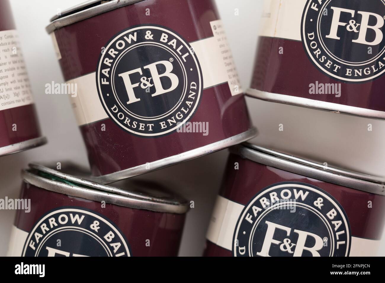 LONDON, UK - May 2021: Farrow and ball luxury paint brand sample pots ...