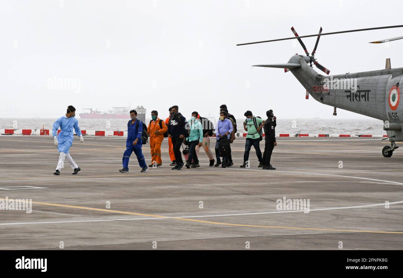 Mumbai, India. 18th May, 2021. Rescued employees by Indian Navy seen at ...