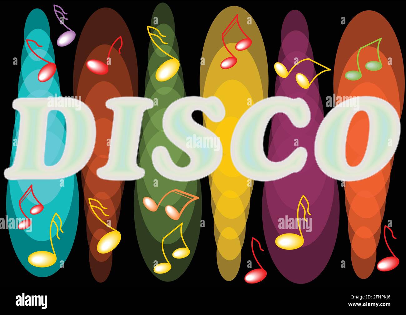 Disco billboard with neon lights and music symbols on the black ...