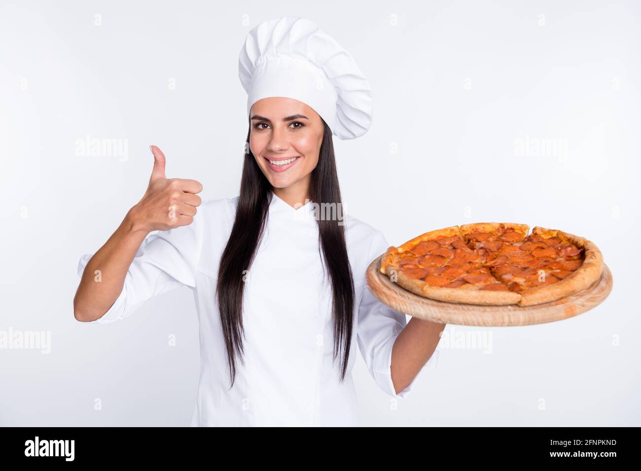 Portrait of attractive positive lady hold pizza show thumb up have good ...