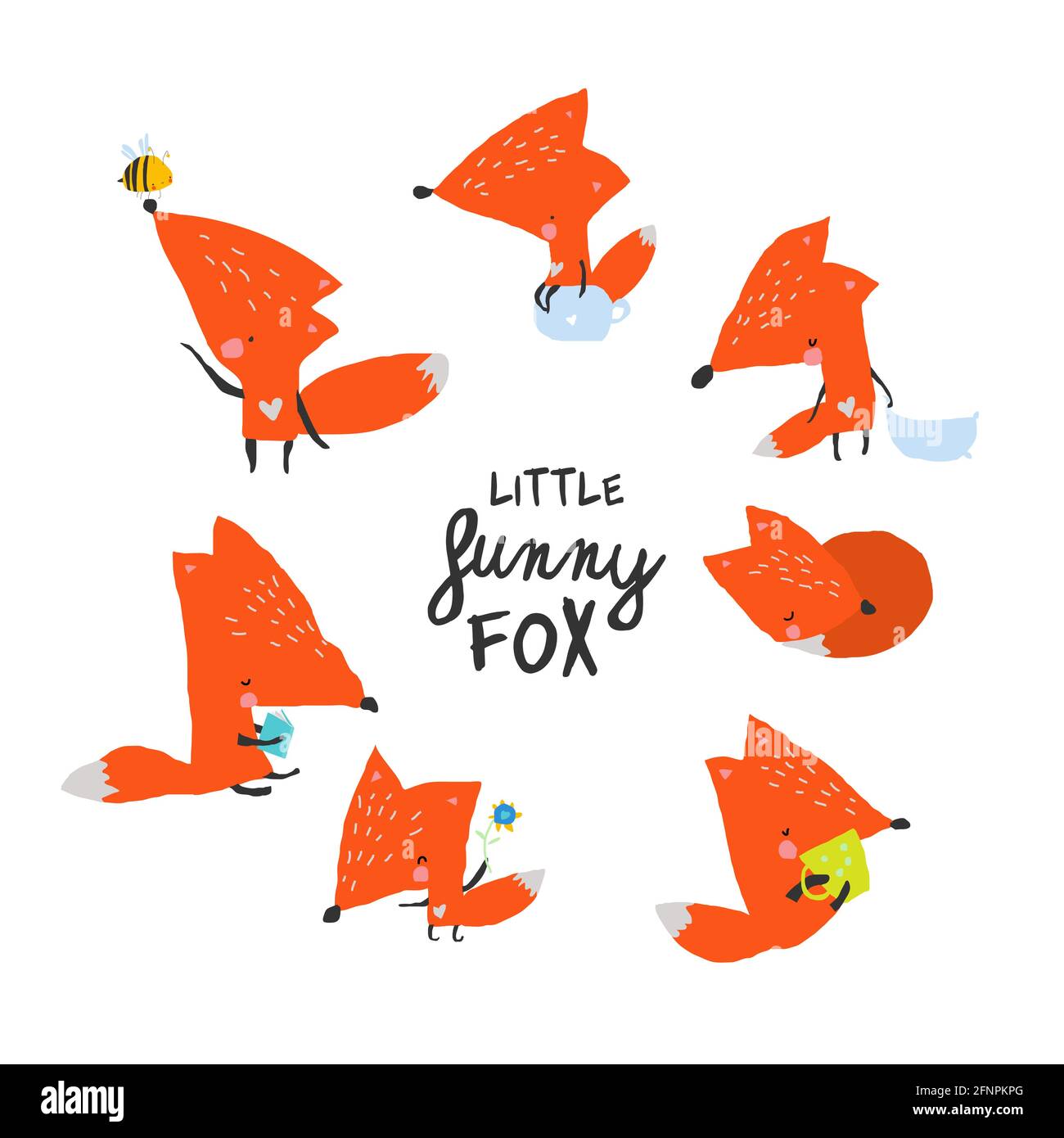 Cartoon illustration with crazy funny foxes on white background Stock ...