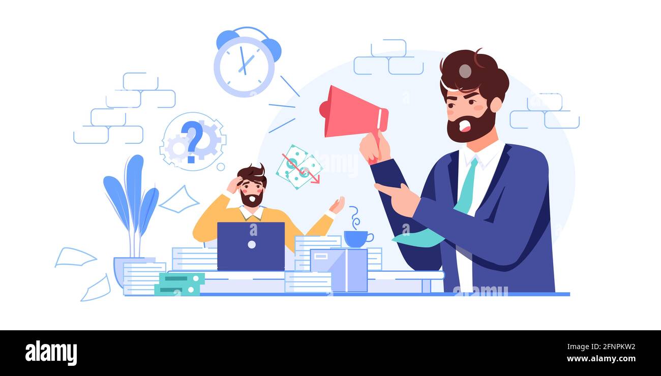 Flat cartoon boss manager employee characters,work conflict vector ...