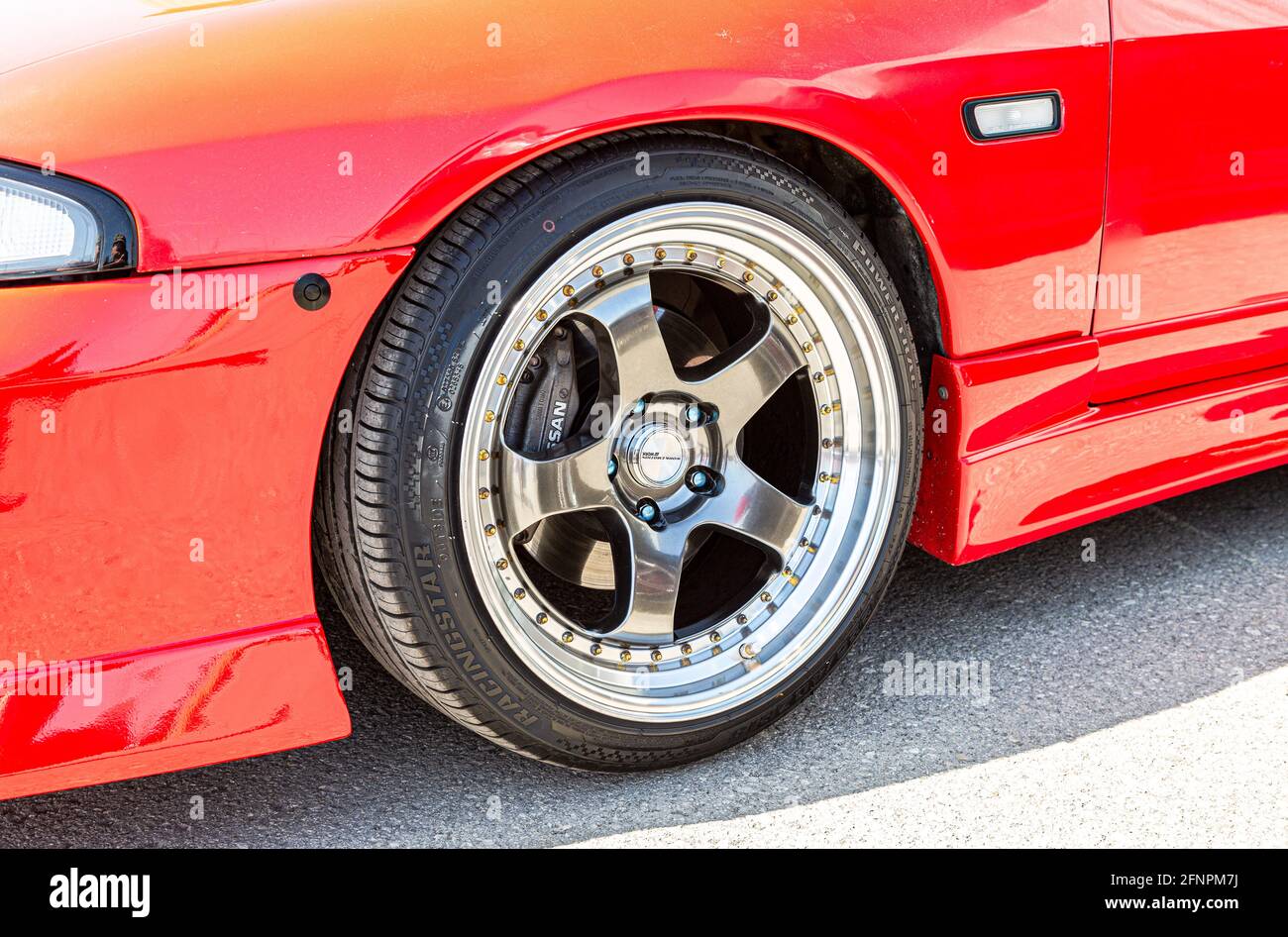 Samara, Russia - May 15, 2021: Modern car wheel with light alloy disc and low profile tire Stock ...