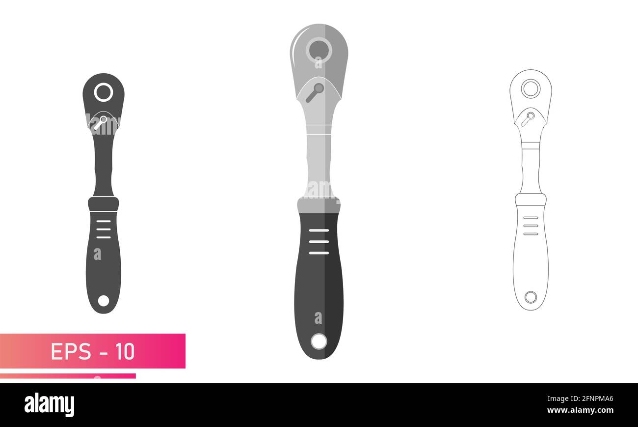 Set, Ratchet wrench with handle. Linear, solid and realistic design. On ...