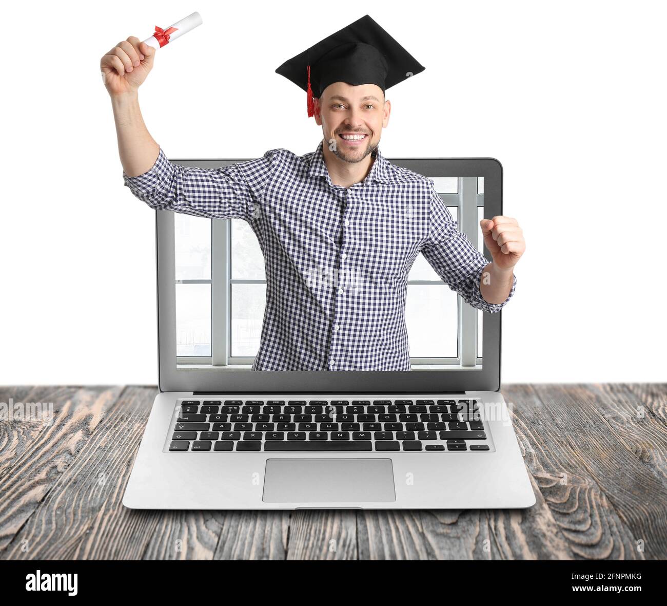 Male graduating student on screen of laptop against white background ...