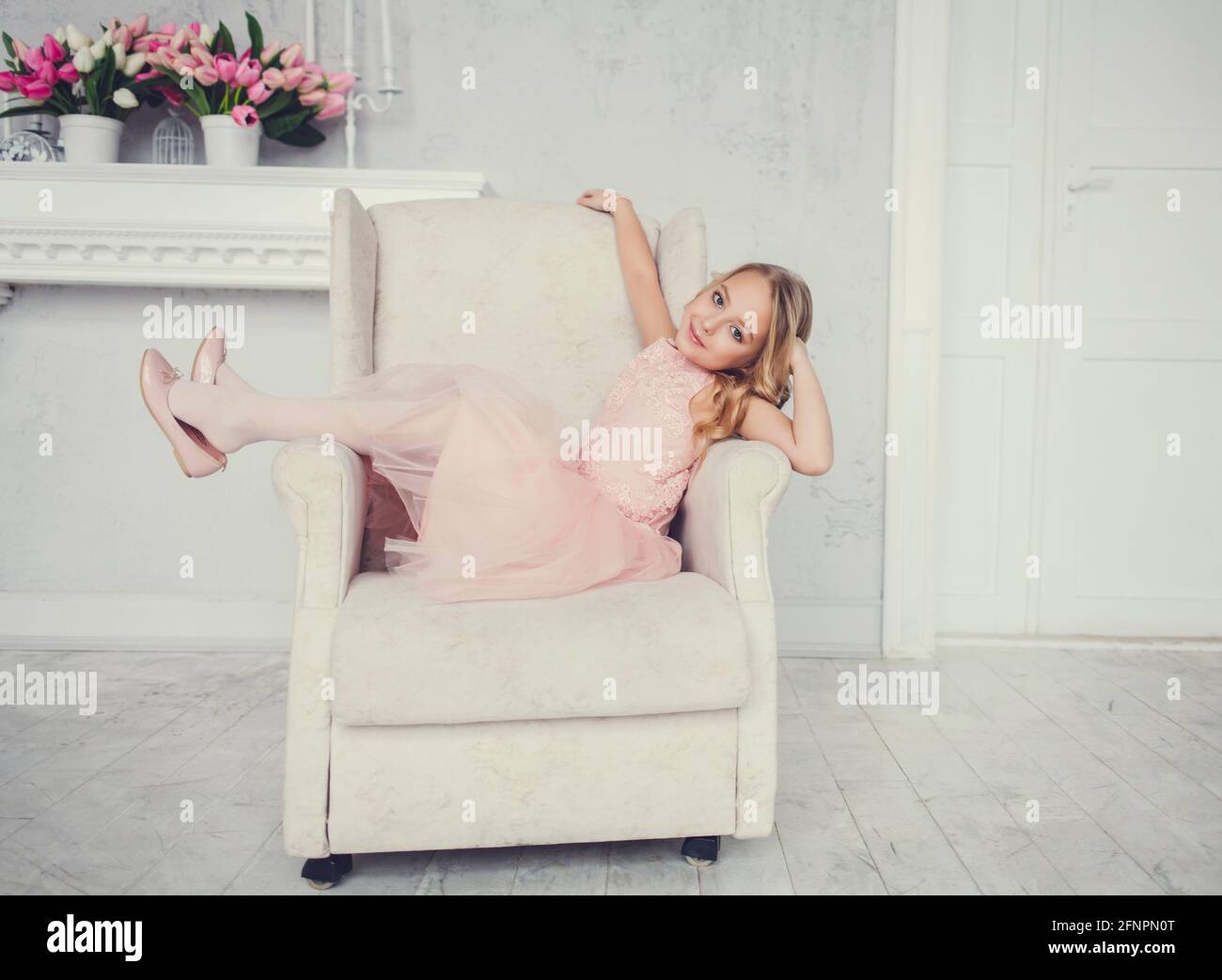 Small girl child model in beautiful dress. Fashion look, happiness ...