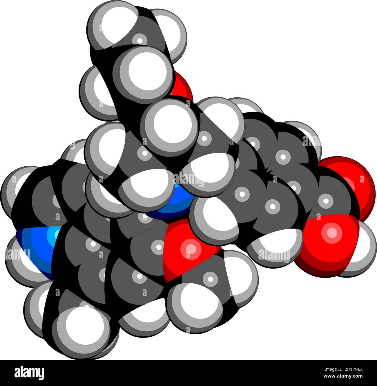 Iptacopan drug molecule. 3D rendering. Atoms are represented as spheres ...