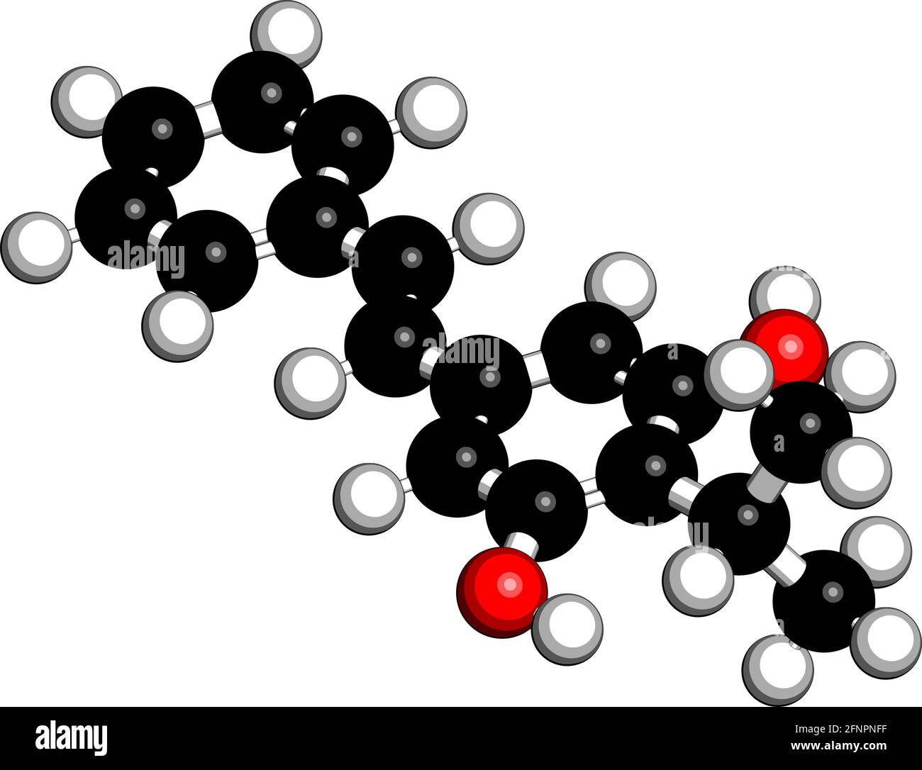 Benvitimod or tapinarof psoriasis drug molecule. 3D rendering. Atoms are represented as spheres ...