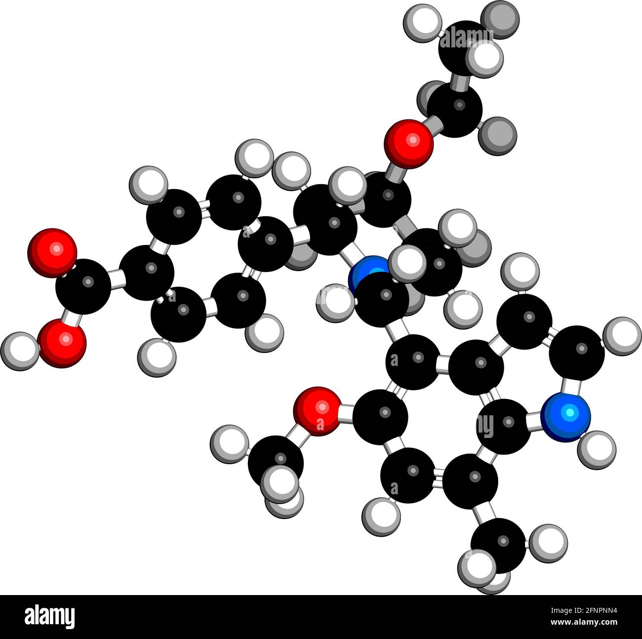 Iptacopan drug molecule. 3D rendering. Atoms are represented as spheres ...