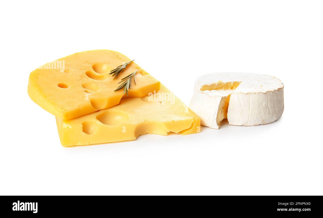 Different types of cheese on white background Stock Photo - Alamy